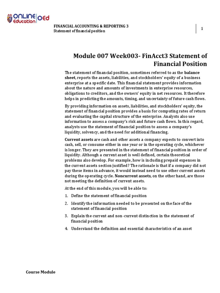 Module 007 Week003-Finacct3 Statement of Financial Position | PDF ...