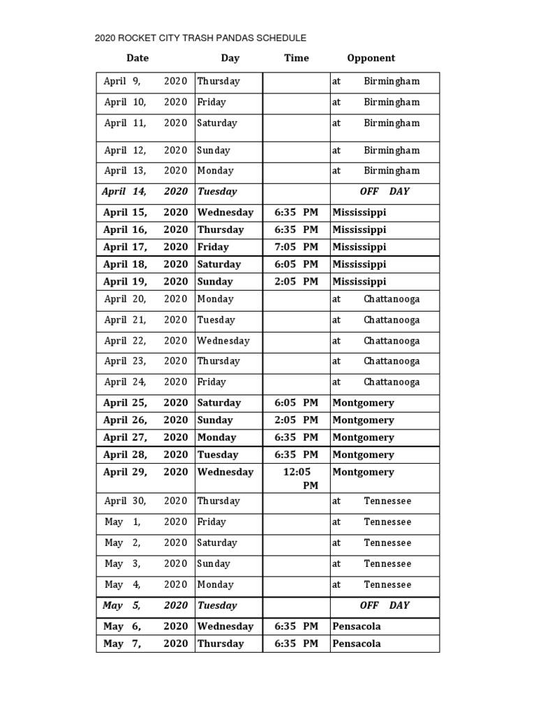2020 Rocket City Trash Pandas Schedule | PDF | Major League Baseball ...
