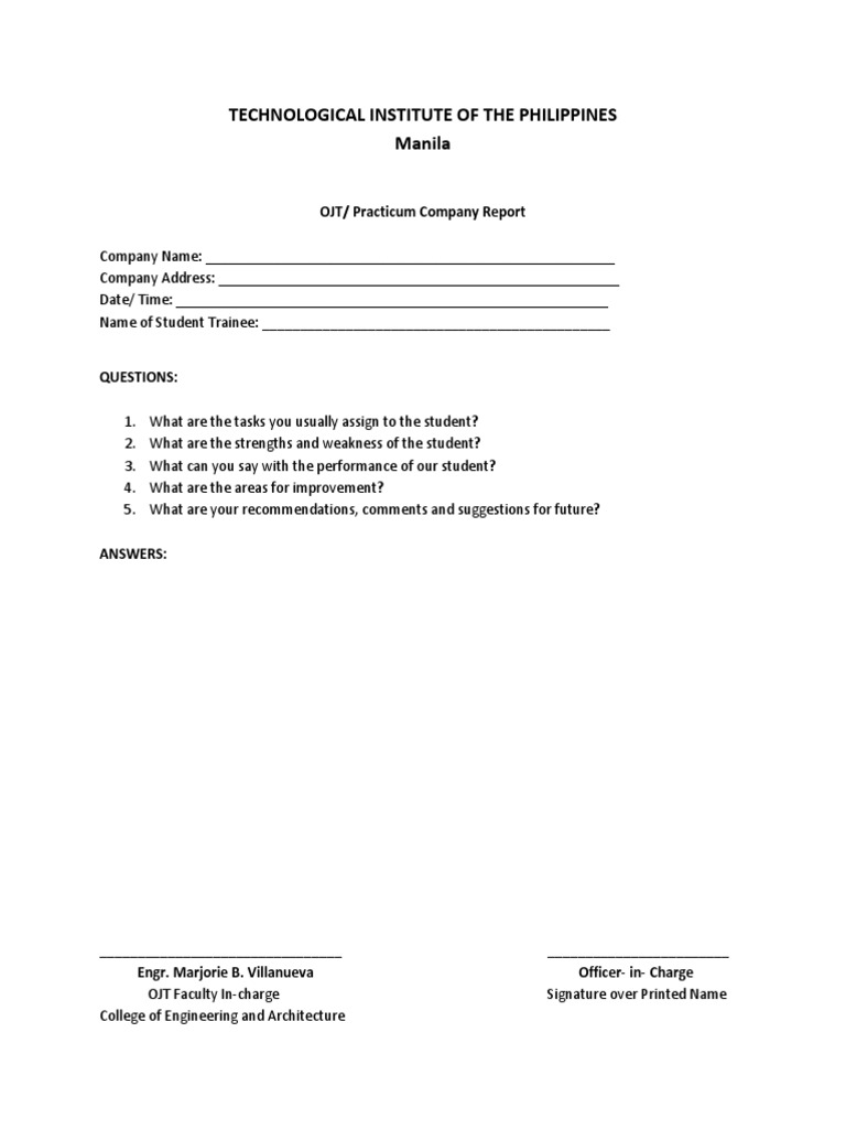 Technological Institute of The Philippines Manila: OJT/ Practicum ...