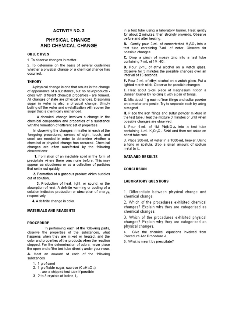 Determining Physical and Chemical Changes Through Observation of ...