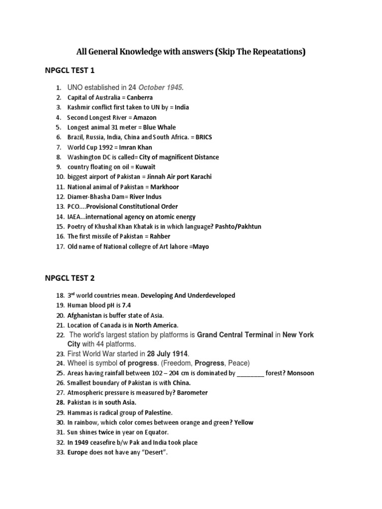 All General Knowledge With Answers (Skip The Repeatations) NPGCL Test 1 ...