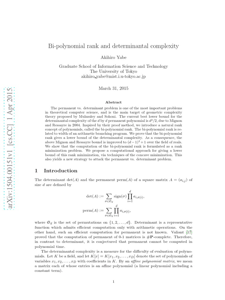 Bi-Polynomial Rank and Determinantal Complexity | PDF | Mathematical Optimization | Determinant