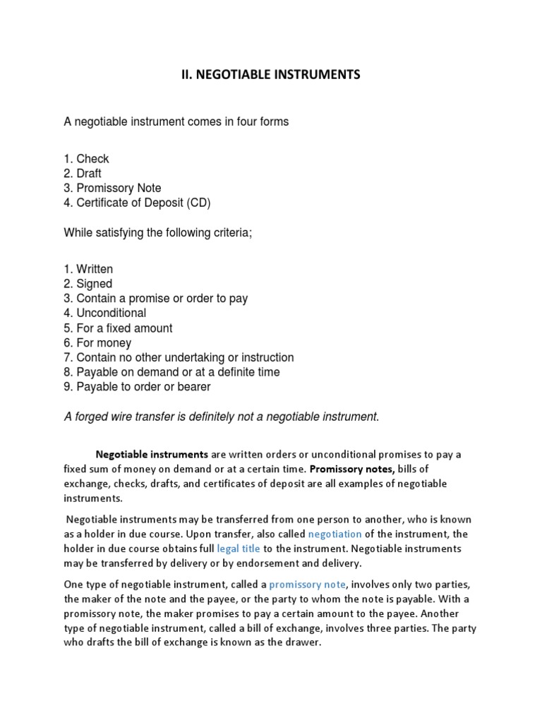 II. Negotiable Instrument | PDF | Negotiable Instrument | Promissory Note
