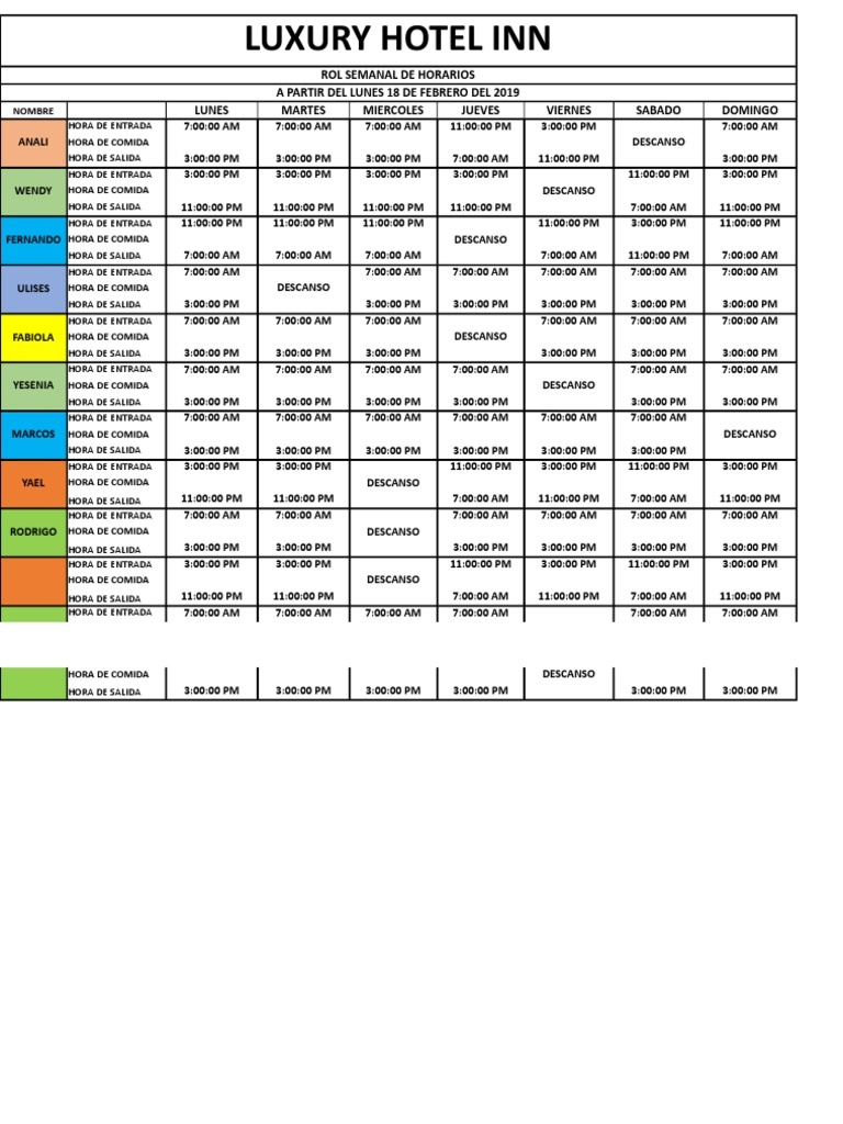 Luxury Hotel Inn Weekly Schedule | PDF