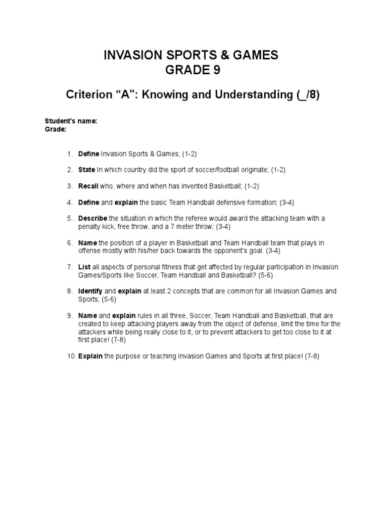 Invasion Sports & Games Grade 9: Criterion "A": Knowing and ...