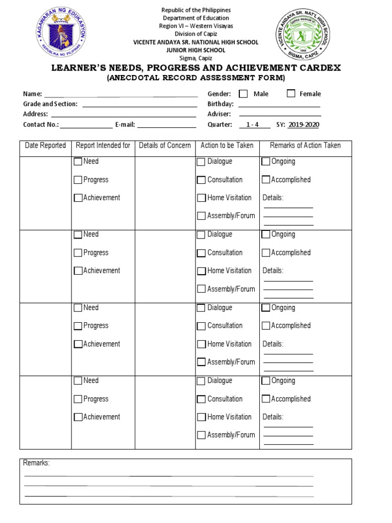 Learner'S Needs, Progress and Achievement Cardex: (Anecdotal Record ...