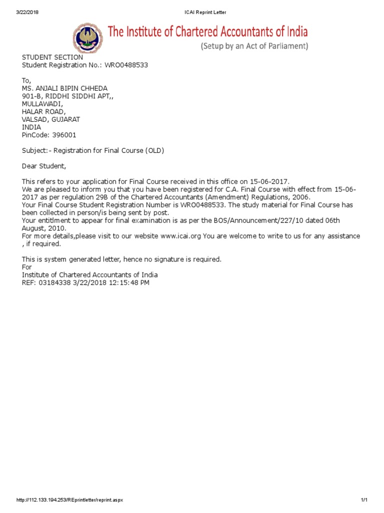 ICAI Reprint Letter | PDF