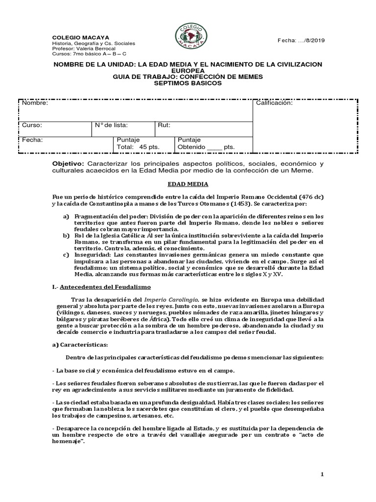 Guia de Trabajo Confeccion de Meme 7 Basico | PDF | Feudalismo ...