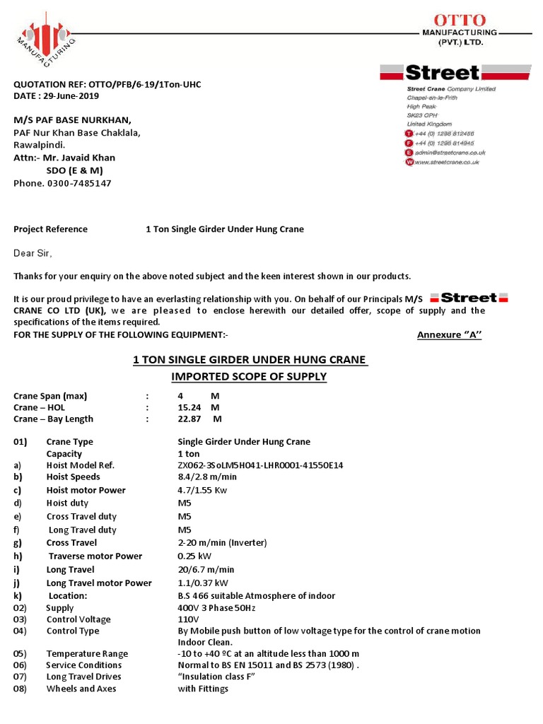 Quotation For Paf Base Nurkhan 1 T Crane 4 M Span - 29-06-2019 | PDF ...