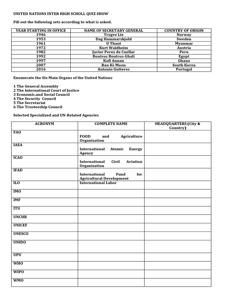 UN Quiz Show: History & Organizations | PDF | United Nations ...