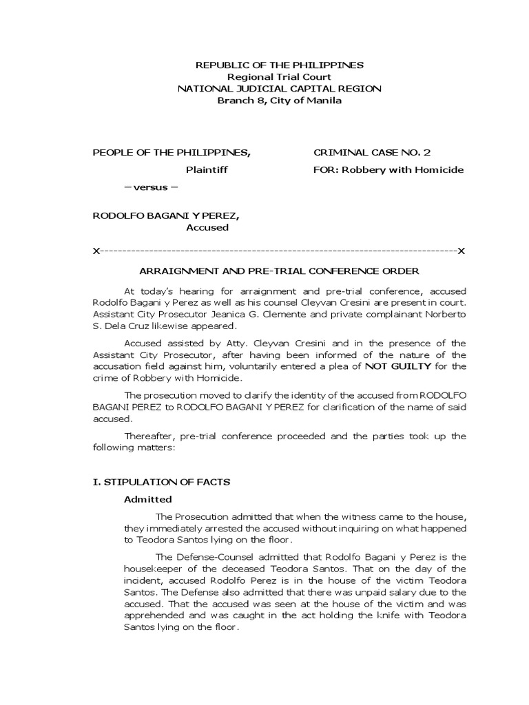 Sample Pre Trial Order | PDF | Prosecutor | Plea