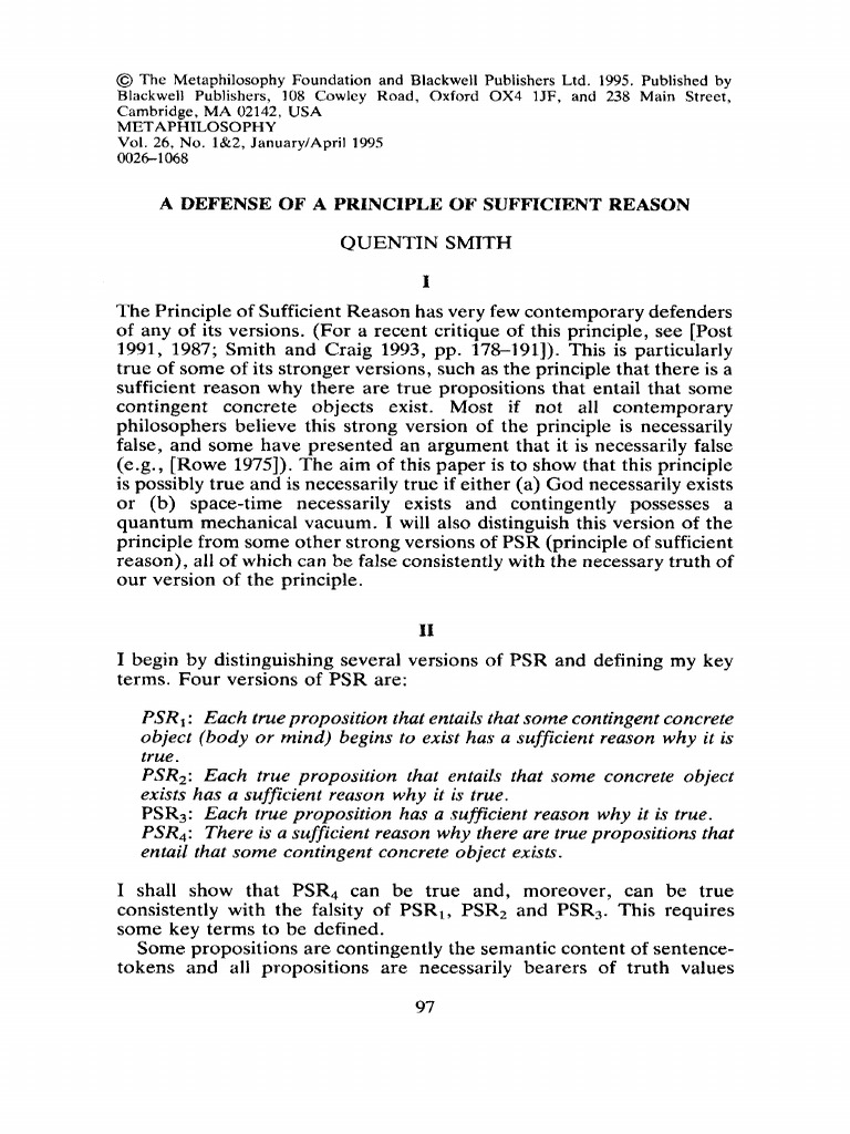 A Defense of A Principle of Sufficient Reason - Smith | PDF | Logical ...