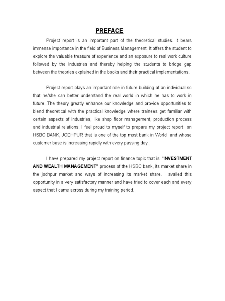 Preface: AND WEALTH MANAGEMENT" Process of The HSBC Bank, Its Market ...