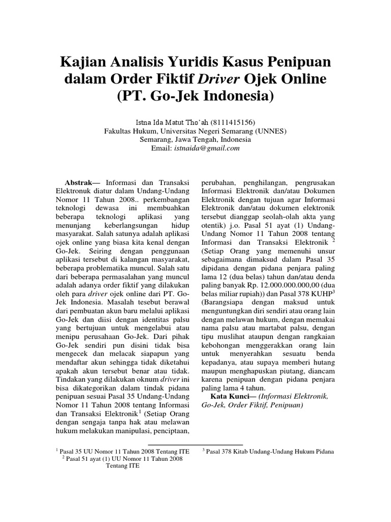 Kajian Analisis Yuridis Kasus Penipuan Dalam Order Fiktif Driver Ojek Online (PT. Go-Jek ...