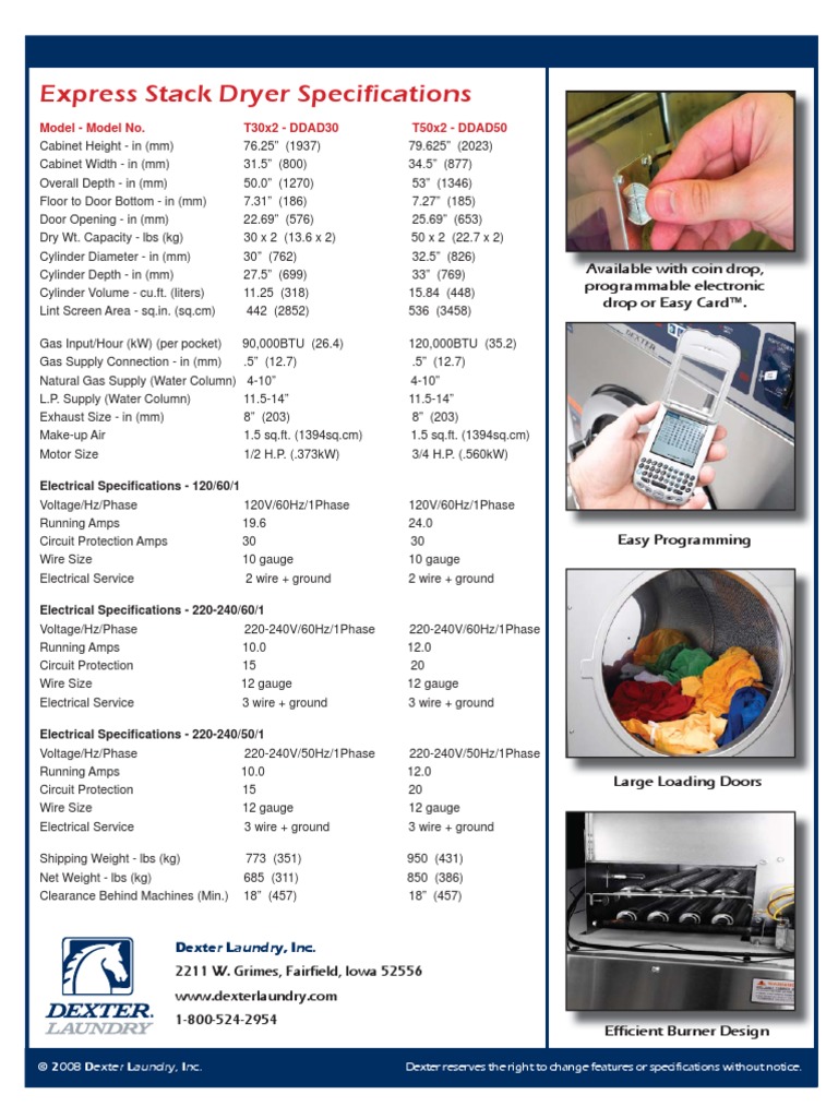 Dexter Specifications DDAD30 DDAD50 | PDF | Clothes Dryer | Efficient ...