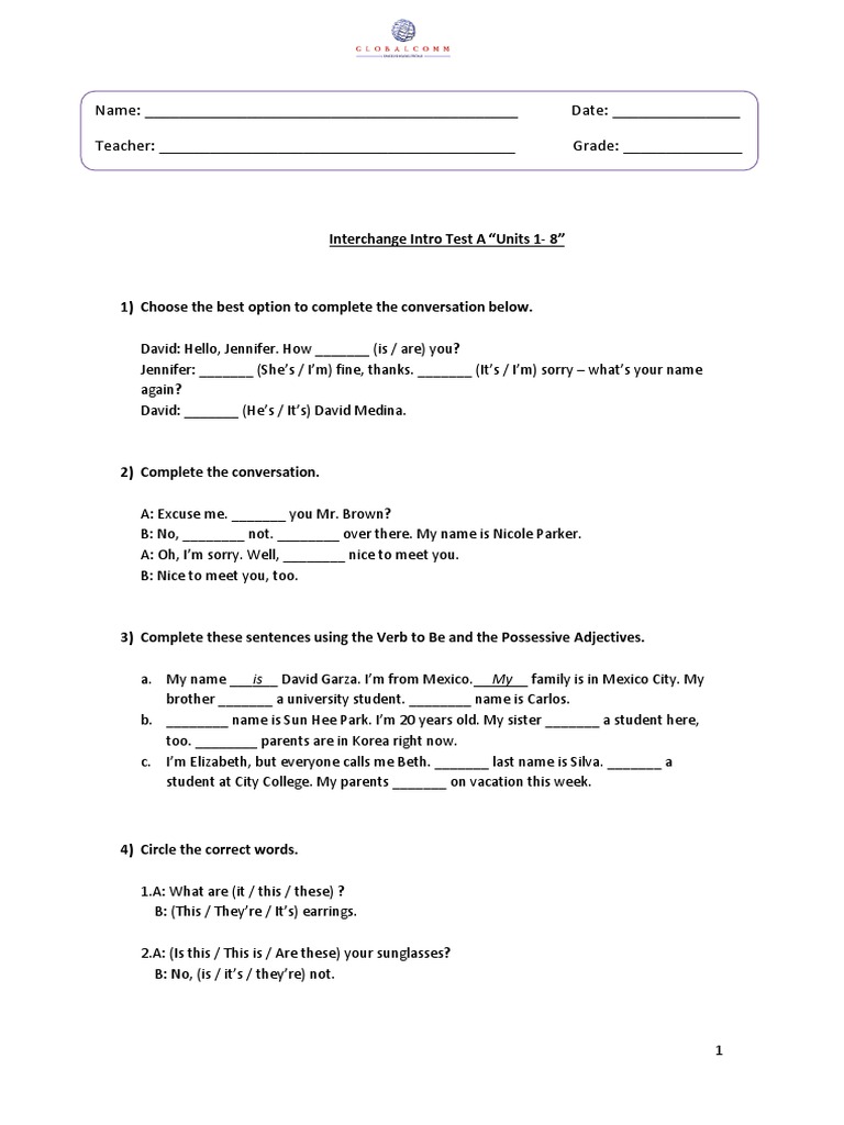 Interchange Intro Test A “Units 1- 8 | PDF