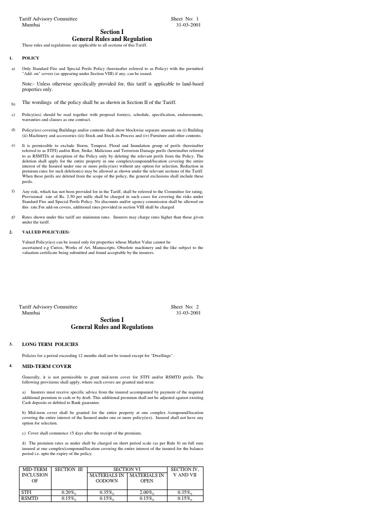 Fire Tariff | PDF | Deductible | Insurance Policy