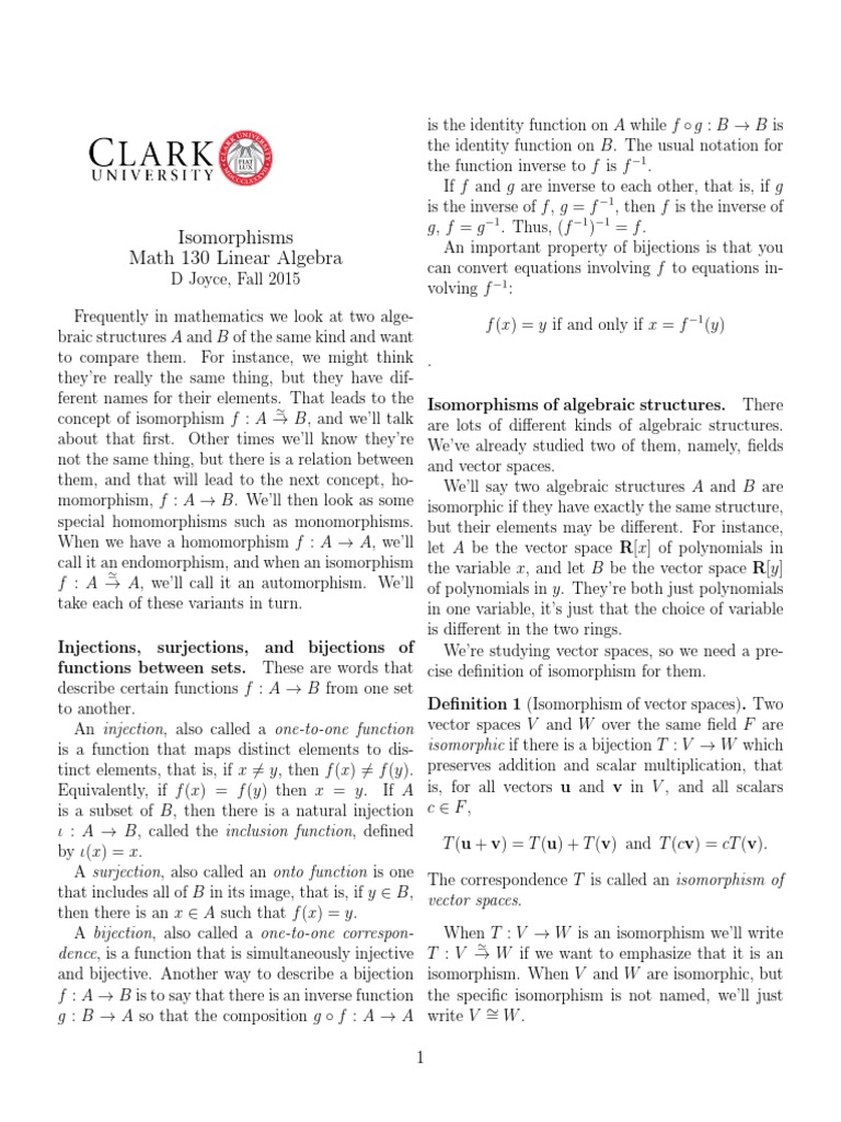 Isomorphisms Math 130 Linear Algebra | PDF | Vector Space | Basis (Linear Algebra)