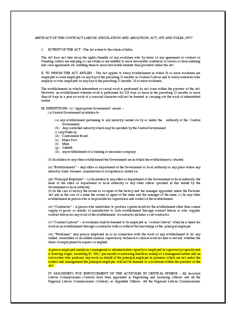 Abstract of The Contract Labour Act | PDF | Employment | Labor
