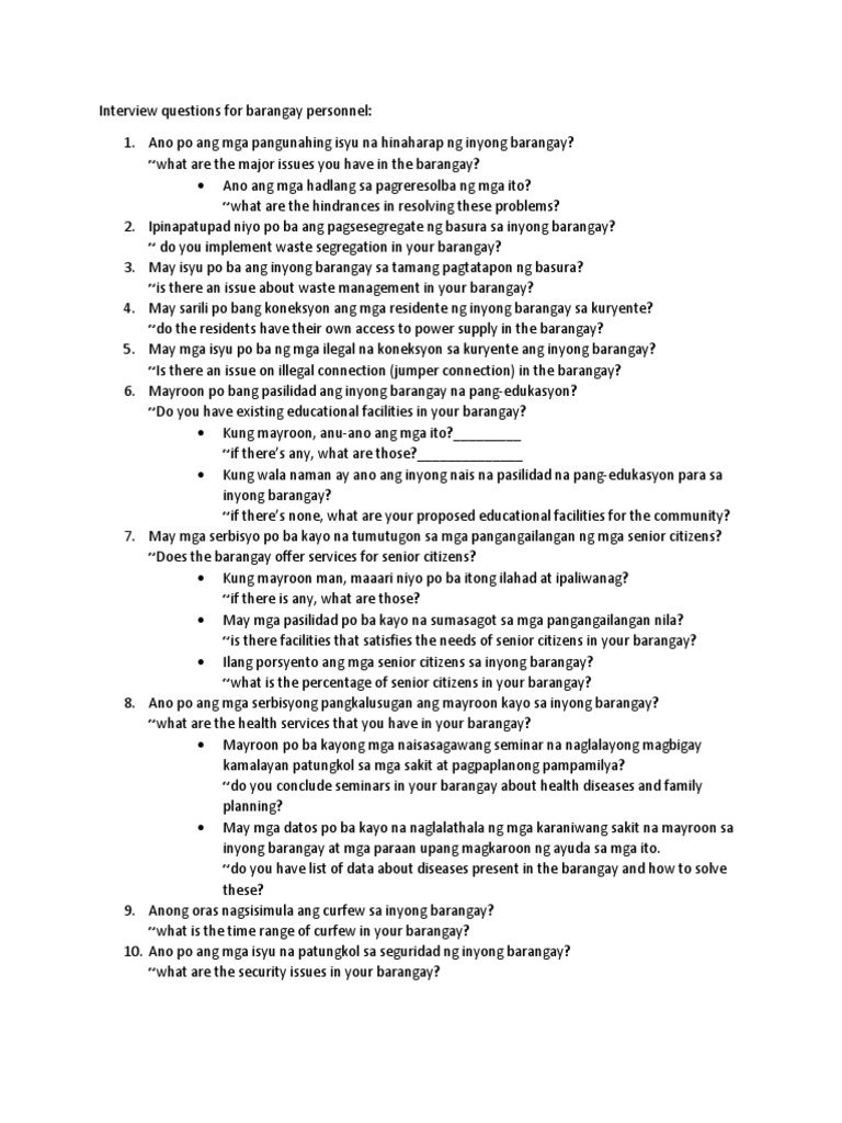 Barangay Personnel Interview Question | PDF