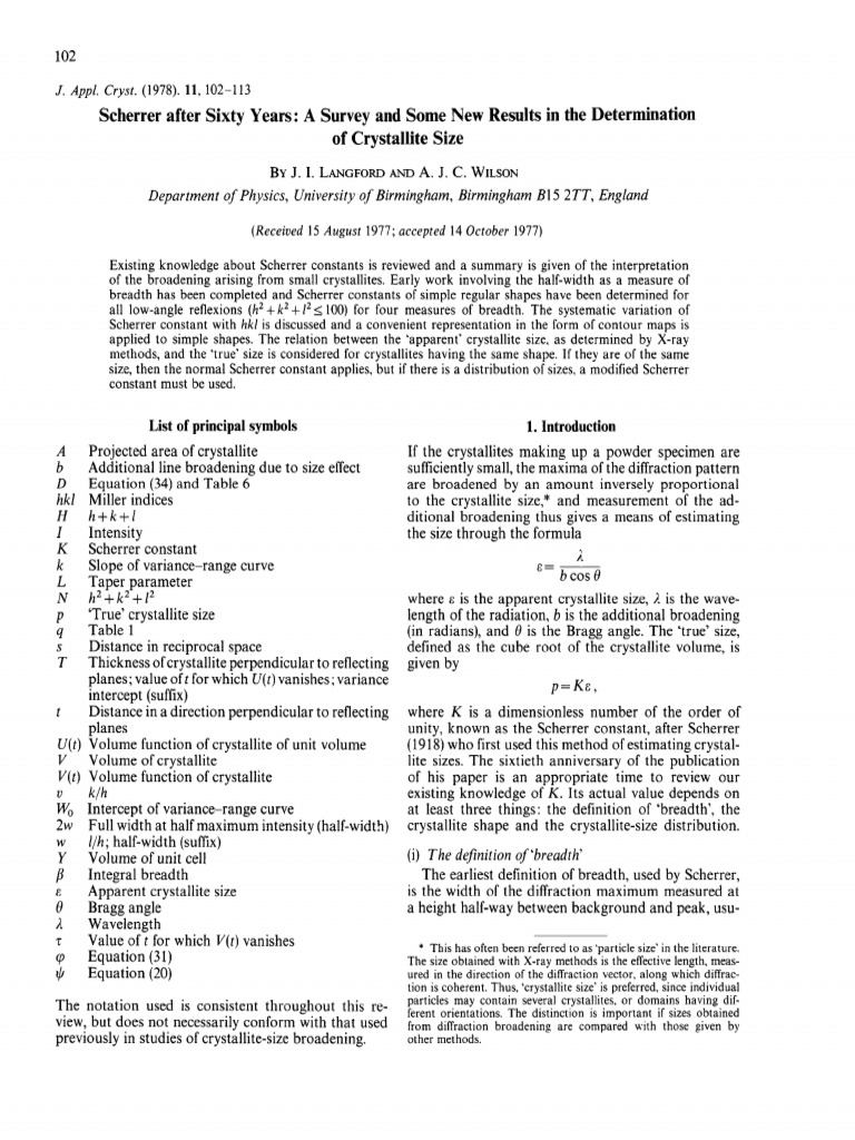 Scherrer Equation: Crystallite Size Review | PDF | Volume | Diffraction