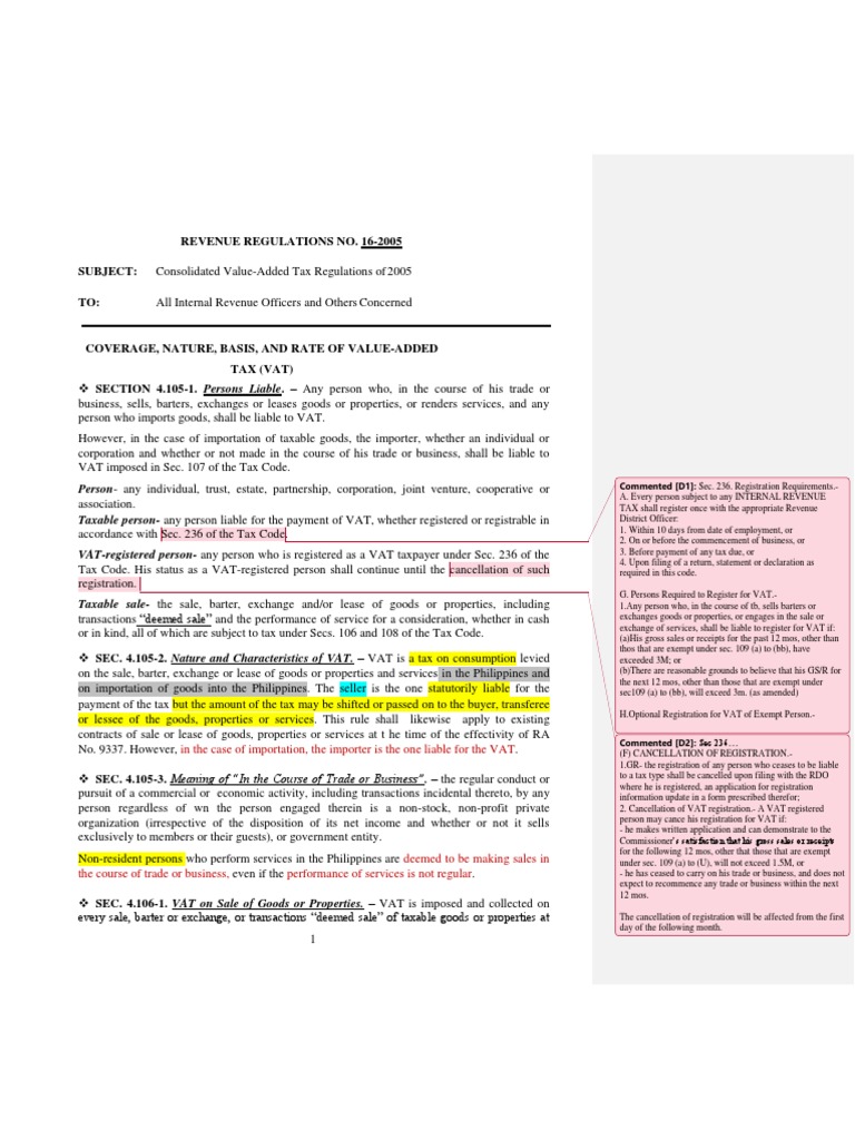 Revenue Regulations No. 16-2005 Subject: TO:: in The Case of ...