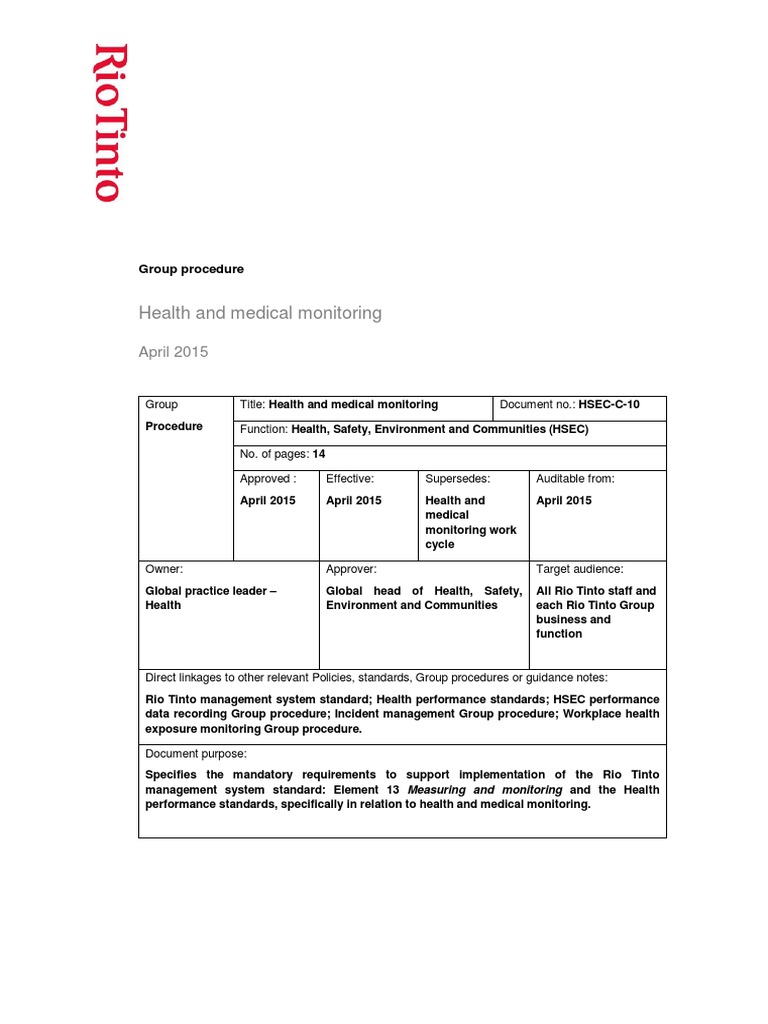 Health and Medical Monitoring Group Procedure | PDF | Medical Record ...