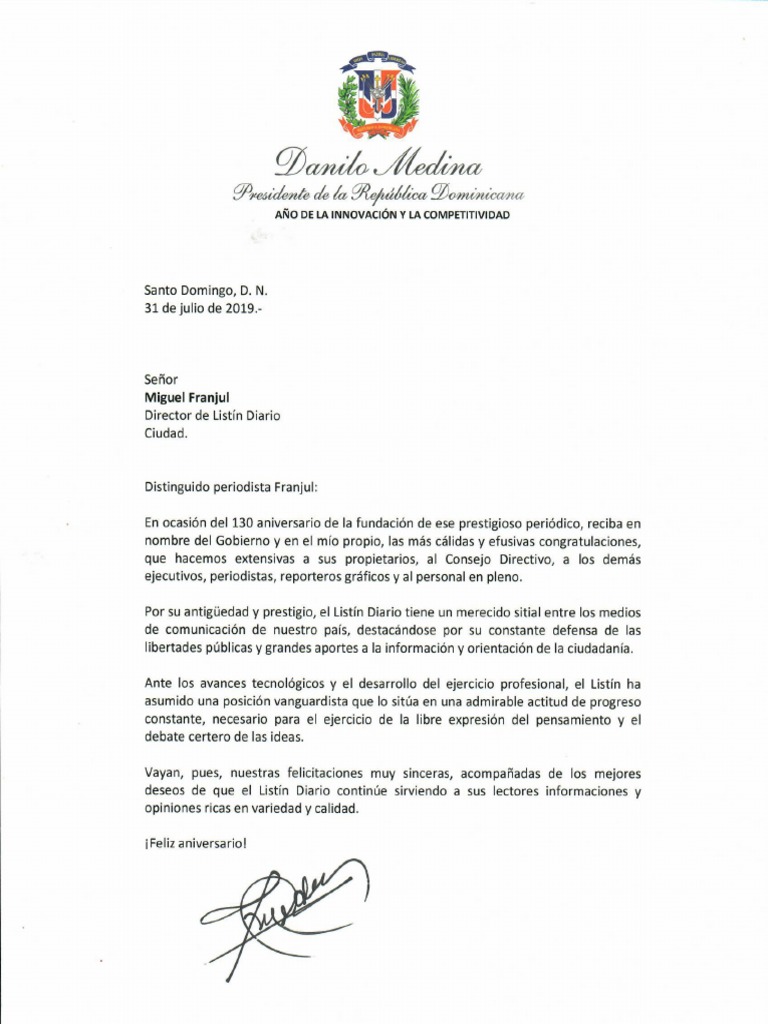 Carta de Felicitación Del Presidente Danilo Medina Por 130 Aniversario ...