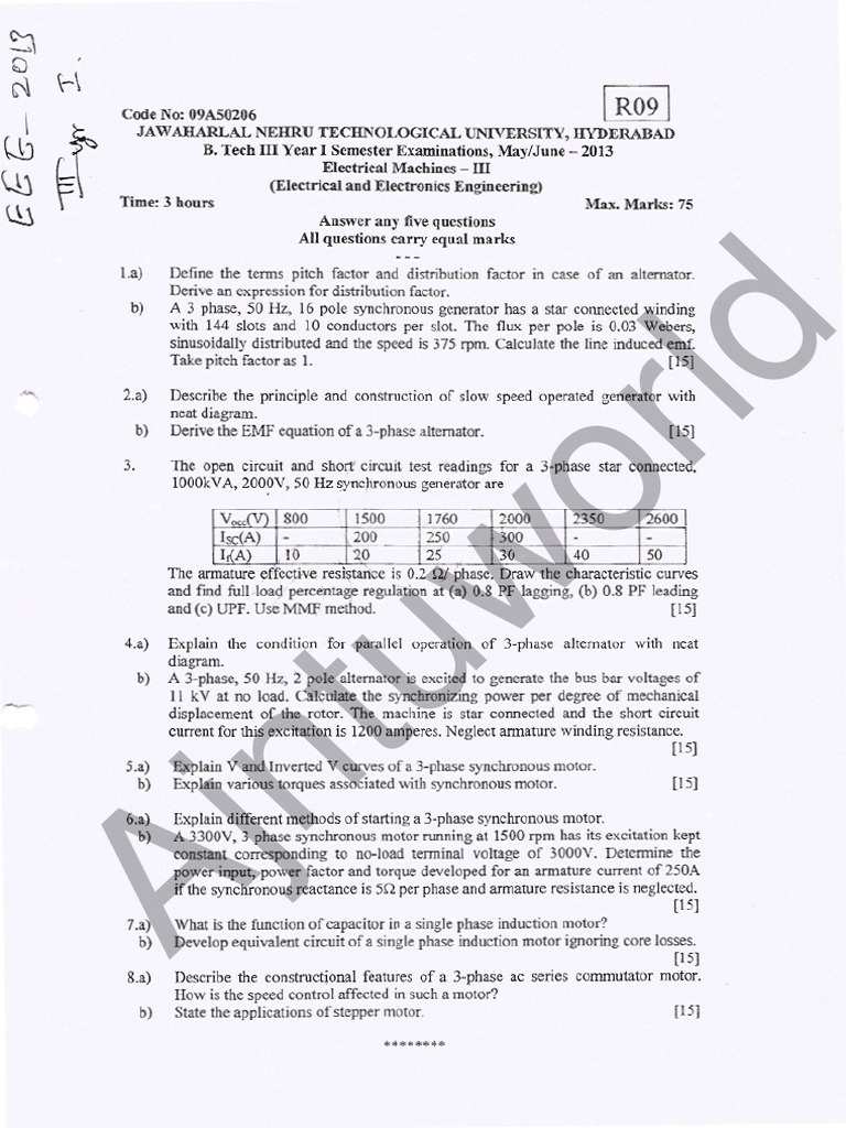 EM-III JNTUH Previous Papers | PDF | Electric Motor | Machines