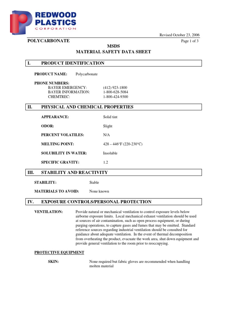 Polycarbonate Msds Material Safety Data Sheet I. Product Identification ...