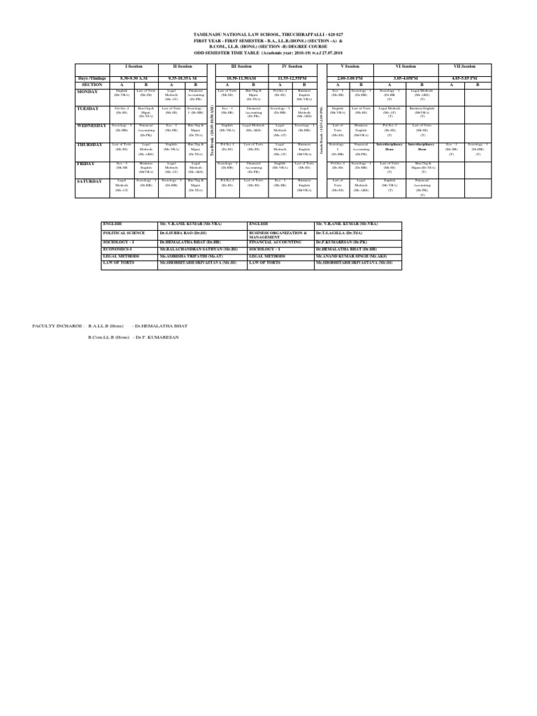First Year Odd Semester Time Table | PDF | Academic Degree | Academia