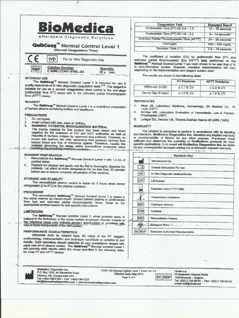 Coagulacion - Plasma Control Normal Nivel 1 - INSERTOS BIOMEDICA PDF | PDF