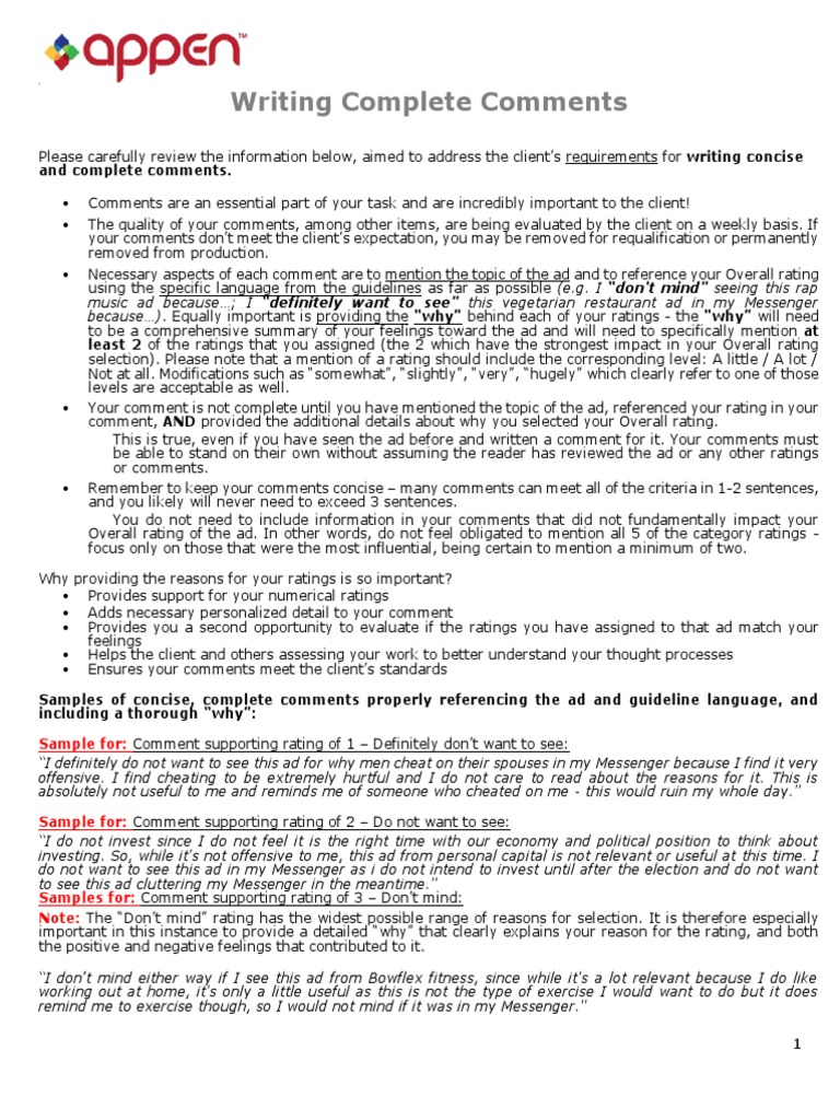 Writing Complete Comments: Sample For | PDF | Cognition | Psychological ...