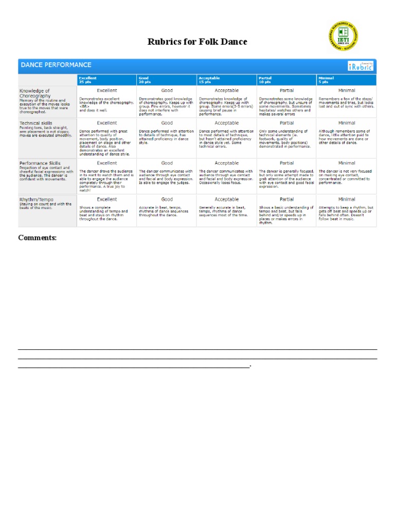 Rubrics For Folk Dance: Comments | PDF