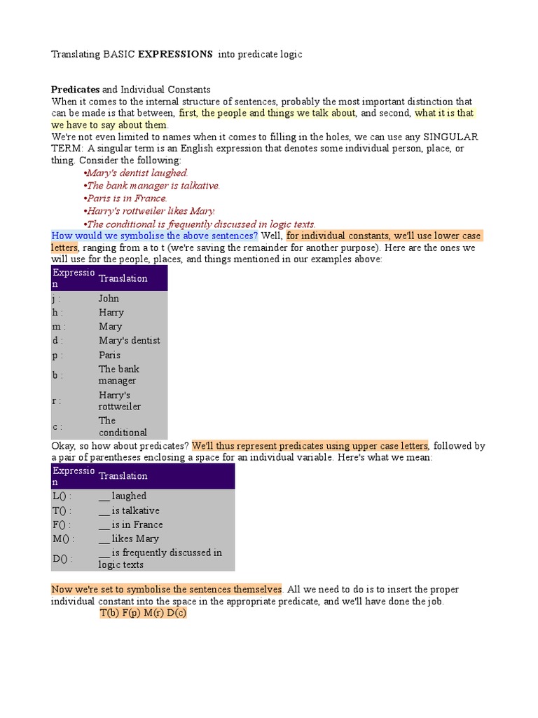 Translations Into Predicate Logic For Dummies | PDF | Predicate (Grammar) | Metalogic