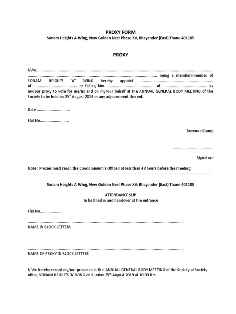 Sonam Heights AGM Proxy Form Template | PDF | Voting