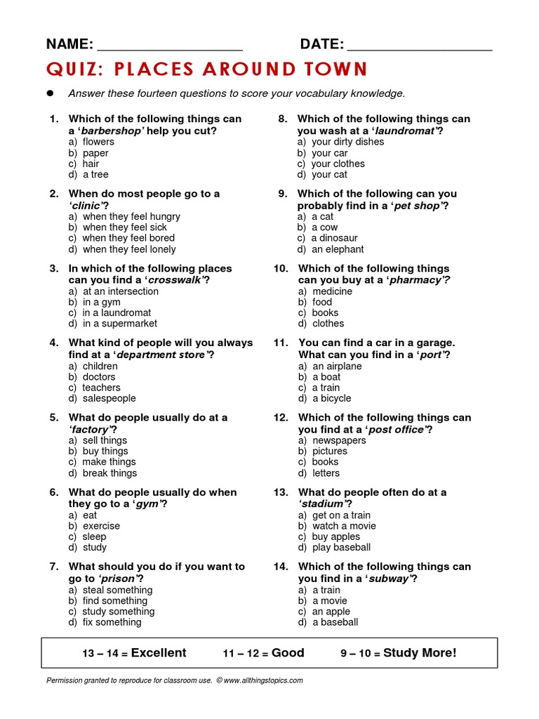 Quiz: Places Around Town: Name: Date | PDF | Learning