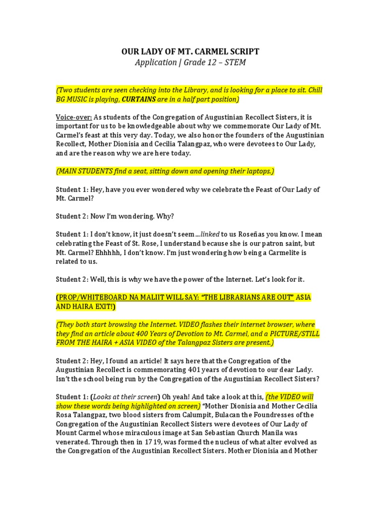 Our Lady of Mt. Carmel Script: Application - Grade 12 - STEM | PDF ...