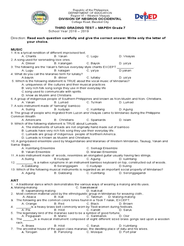 Grade 7 TQ With Tos | PDF | Stress (Biology) | Mental Disorder