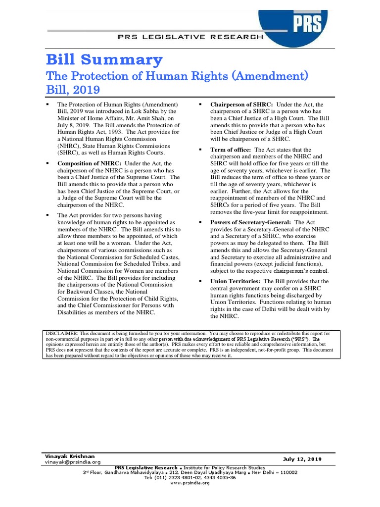 Bill Summary: The Protection of Human Rights (Amendment) Bill, 2019 ...