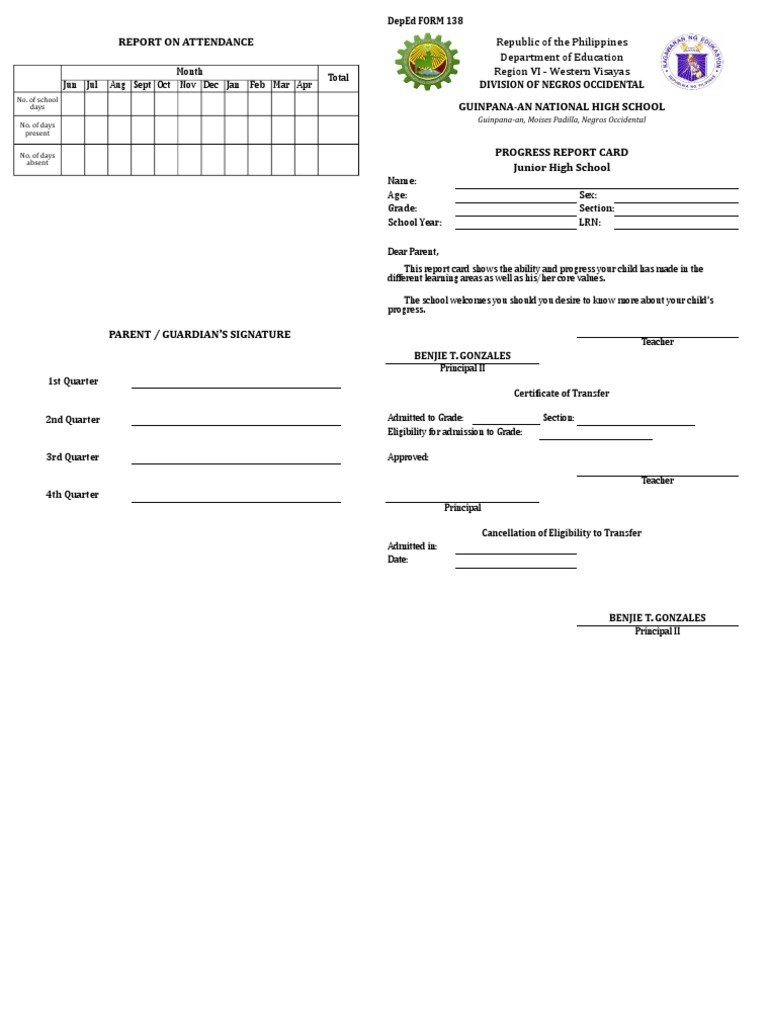 DEPED FORM 138 Jhs | PDF | Learning | Psychological Concepts