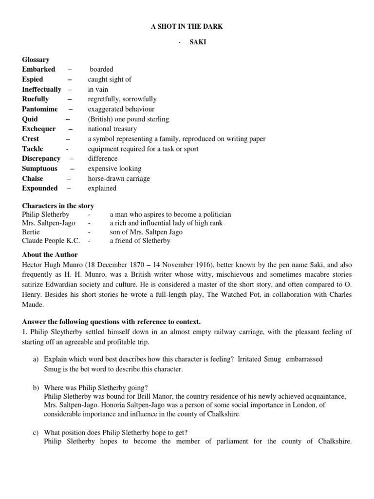 A Shot in the Dark: Class 8 Summary | PDF | Saki