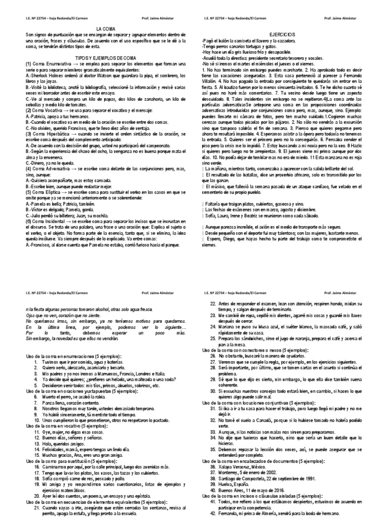 Tipos y Ejemplos de Comas en Español | PDF | Sintaxis | Gramática