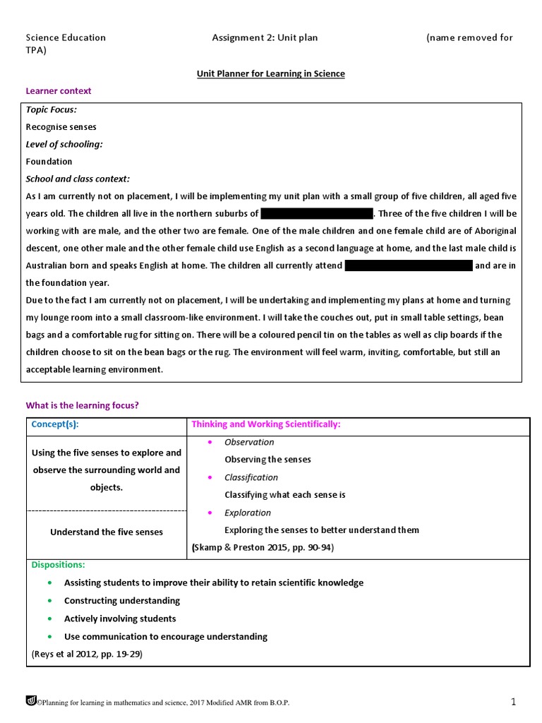 Science Education Assignment 2: Unit Plan (Name Removed For Tpa) | PDF ...
