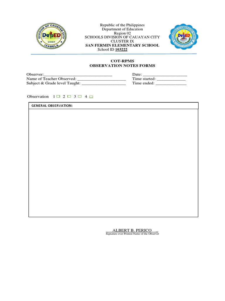 Cot-Rpms Observation Notes Forms | PDF | Curriculum | Teachers