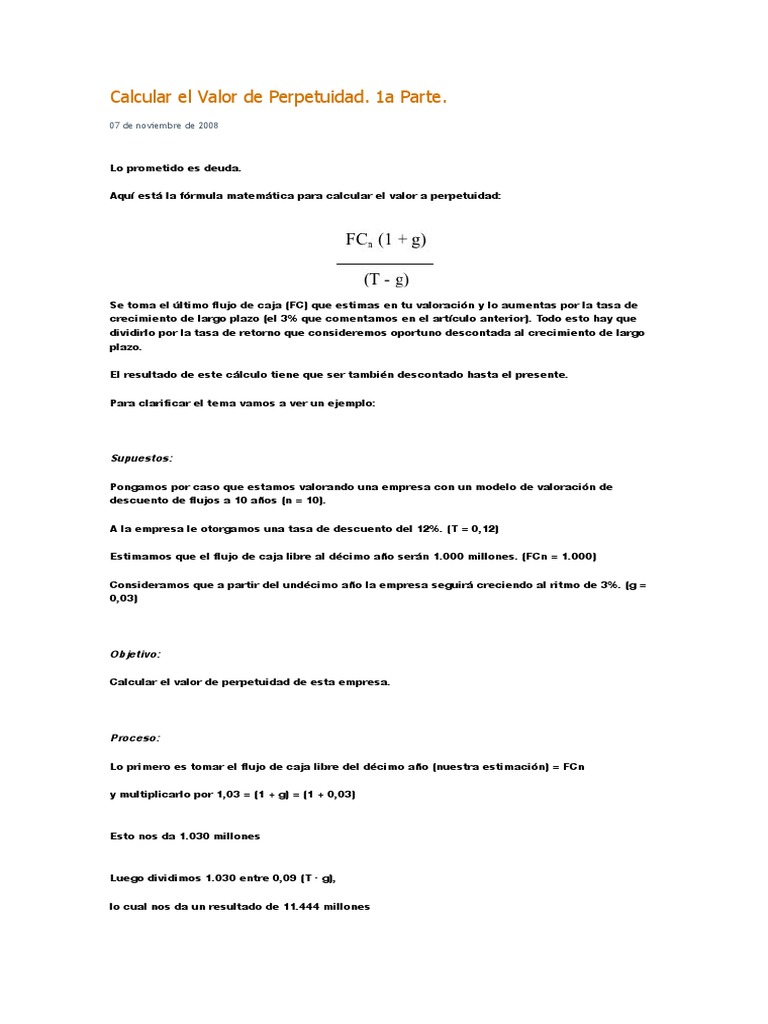 Calcular El Valor de Perpetuidad | PDF | Negocios | Finanzas y ...