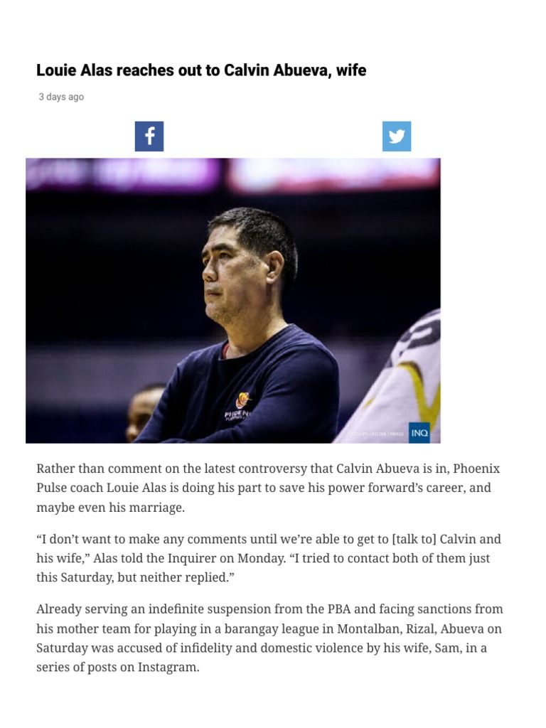 Louie Alas Reaches Out To Calvin Abueva, Wife - Inquirer Sports | PDF ...