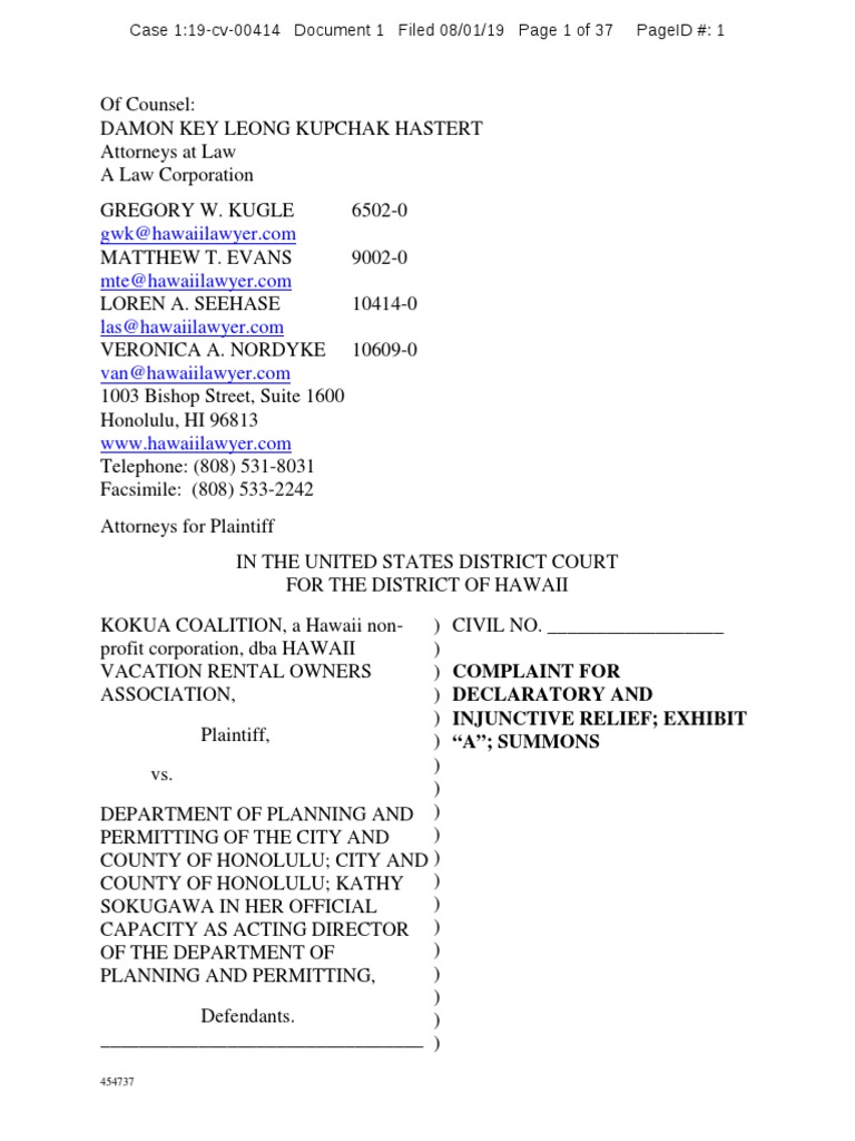Complaint For Declaratory and Injunctive Relief, Kokua Coalition v. Dep't of Planning and ...