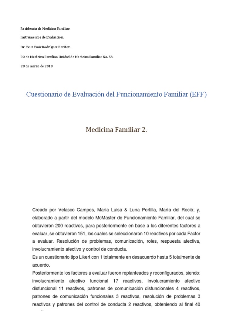 Cuestionario de Evaluación Del Funcionamiento Familiar (EFF) | PDF | Medicina