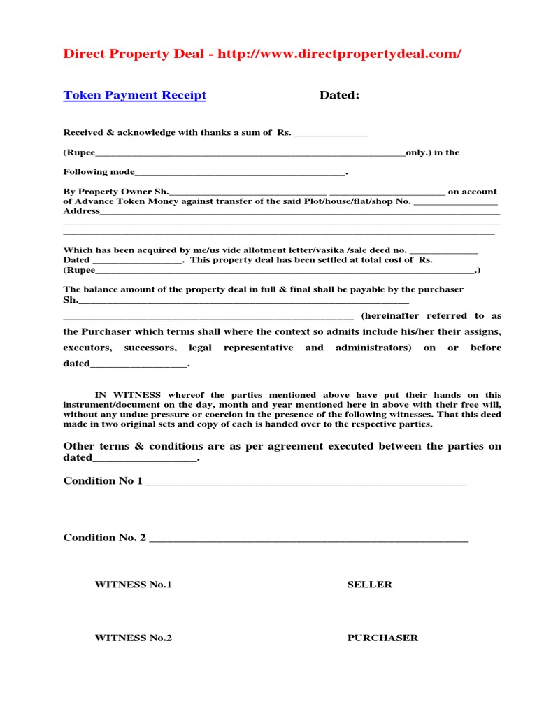 Token Payment Receipt: Dated | PDF | Deed | Ownership